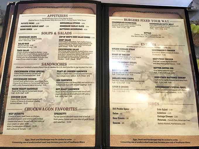 The menu reads like a love letter to American comfort food classics, with "Chuckwagon Favorites" that have kept locals coming back for years.