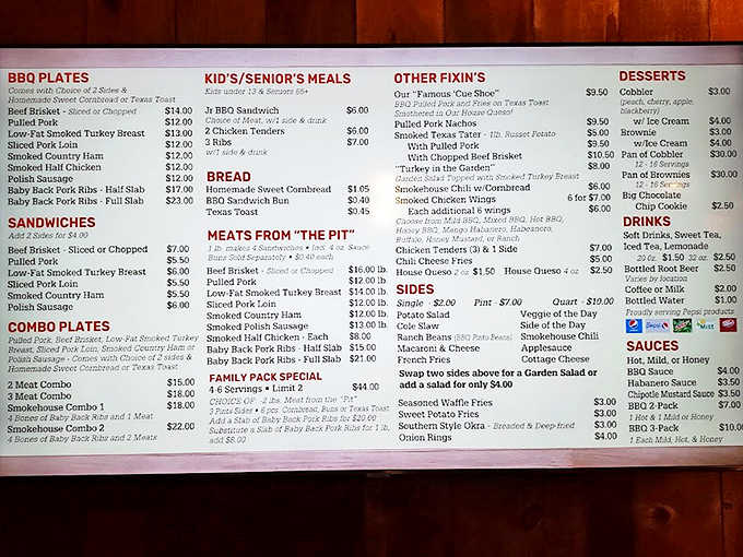 A carnivore's roadmap to happiness &ndash; this menu board showcases Texas-style barbecue options that'll have you planning return visits.