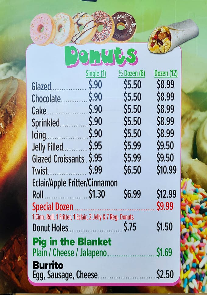 The menu board reveals a donut democracy where every sweet citizen costs the same, proving that equality can be delicious.