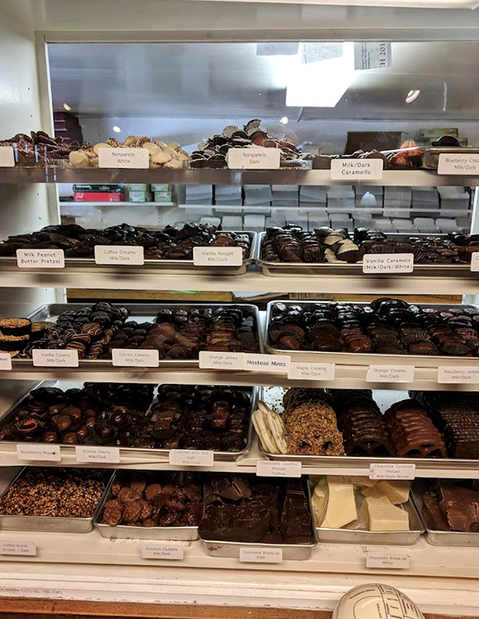 Display cases showcase an array of handcrafted fudge varieties that make choosing just one flavor the day's most delicious dilemma.