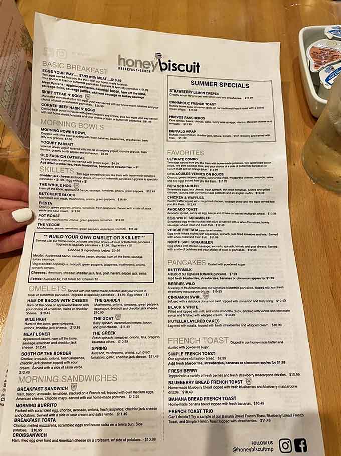 This menu holds the secrets to breakfast happiness, though let's be honest, you're probably ordering those cinnamon swirl pancakes anyway.