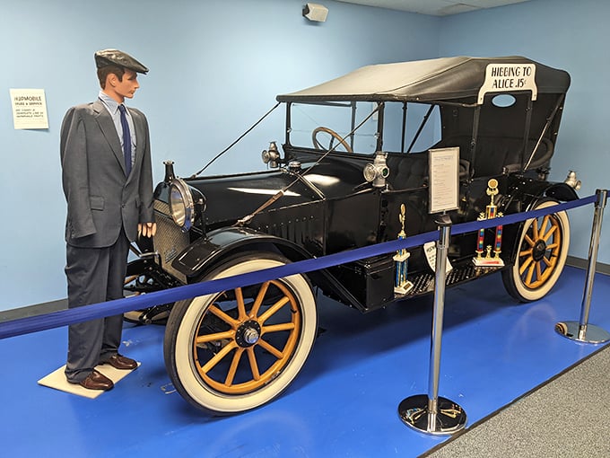 This antique automobile display shows where it all began &ndash; when early entrepreneurs transformed cars into the first primitive buses.