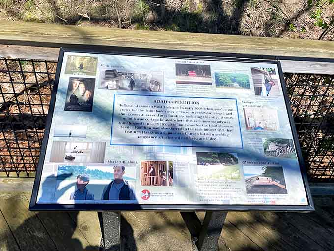 Hollywood came calling! This informational board reveals Olive Shores' brush with fame as a filming location.