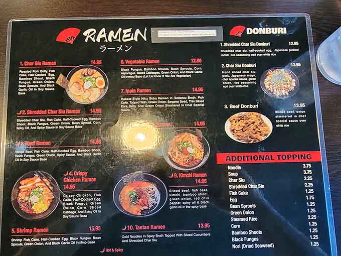 The menu showcases ramen varieties and donburi bowls alongside those famous gyoza that keep locals coming back repeatedly.