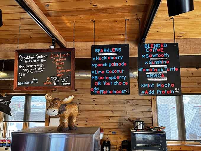 That menu board holds the secrets to caffeinated happiness, with more options than you can shake a moose antler at.