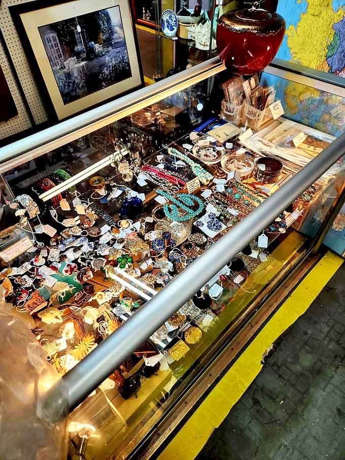 Glittering treasures await under glass &ndash; turquoise necklaces, vintage brooches, and delicate rings that have adorned previous generations now seeking new admirers.