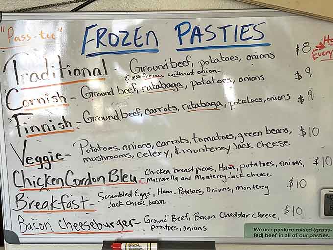 The handwritten menu board showcases Joe's commitment to tradition &ndash; from classic Cornish to Finnish variations, all featuring pasture-raised beef.