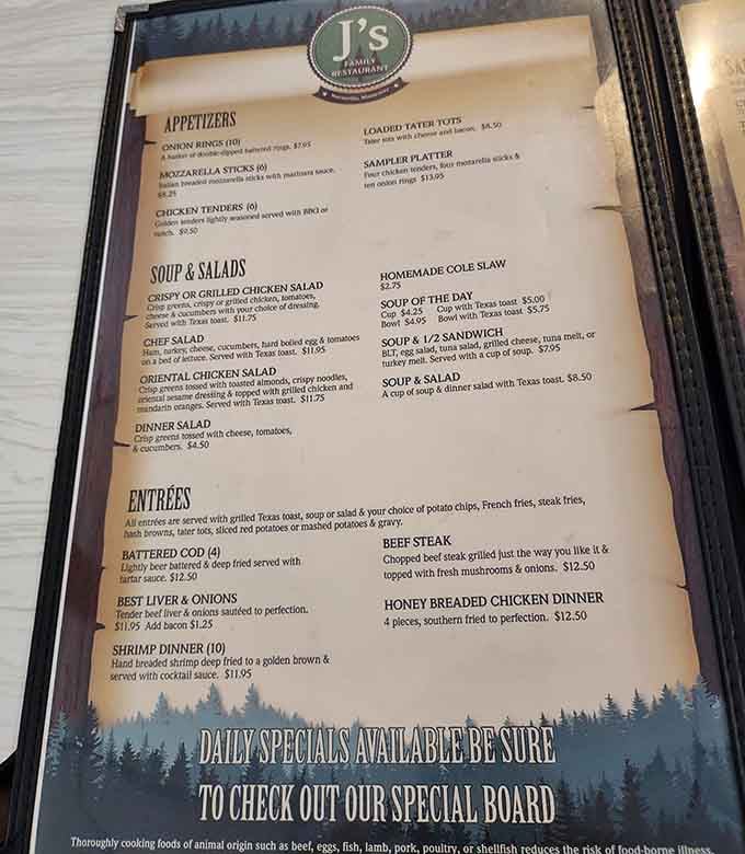 This menu reads like a greatest hits album of American breakfast, offering everything from battered cod to honey breaded chicken alongside those legendary morning classics.