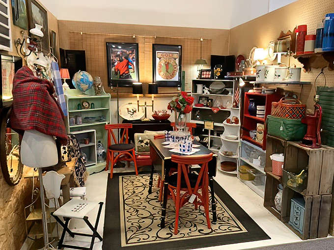 This cozy vignette showcases vintage furniture and decor arranged to feel like stepping into grandma's perfectly preserved living room.