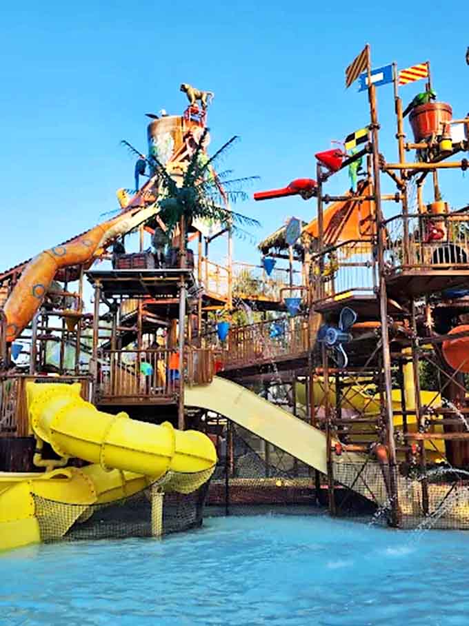 Pirates of the Caribbean meets Midwest sensibility in this elaborate play structure where getting soaked is the whole point.