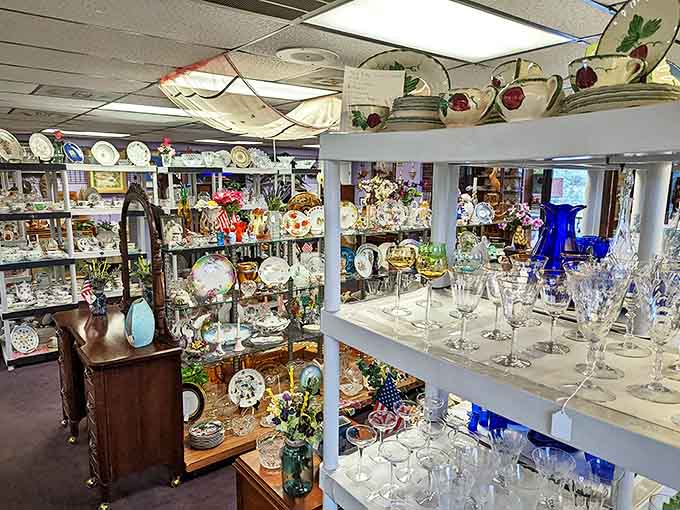 Crystal and glassware catch the light like diamonds on display, each delicate piece surviving years of toasts and celebrations to reach your table.