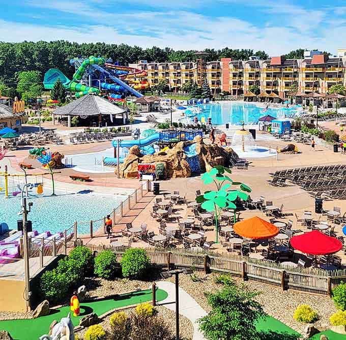 The resort's colorful fa&ccedil;ade promises adventure, with rooms overlooking pools that shimmer like mirages in the Ohio sunshine.