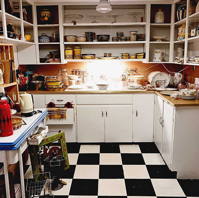 This vintage kitchen display could be straight from grandma's house &ndash; complete with yellow Pyrex and that checkered floor we all remember.