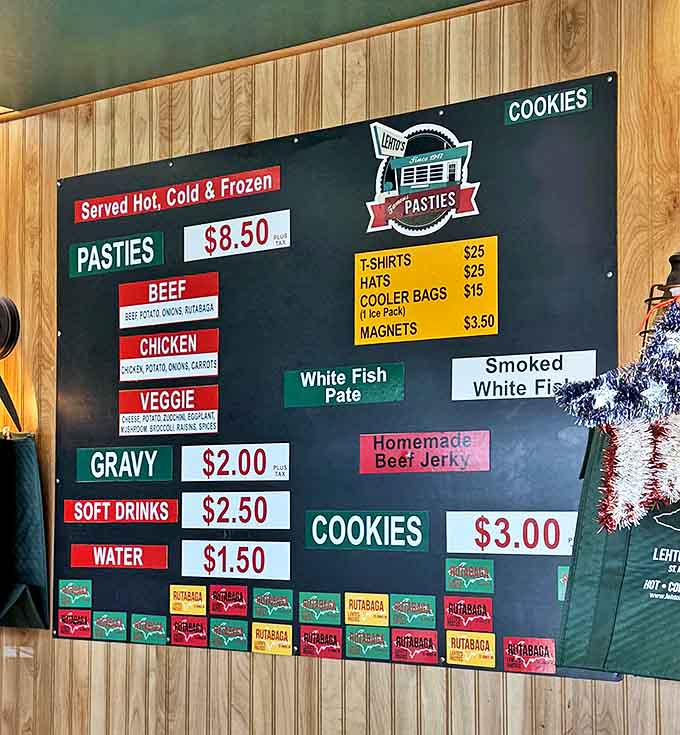 The menu board tells you everything you need to know: beef, chicken, or veggie pasties, with optional gravy that locals debate passionately about.