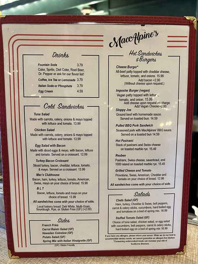 The menu at MacAlpine's reads like a love letter to classic diner fare, offering everything from hearty sandwiches to sweet treats without a single pretentious word.