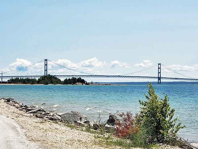 The mighty Mackinac Bridge stands tall, connecting Michigan's peninsulas with five miles of engineering brilliance and photogenic angles.