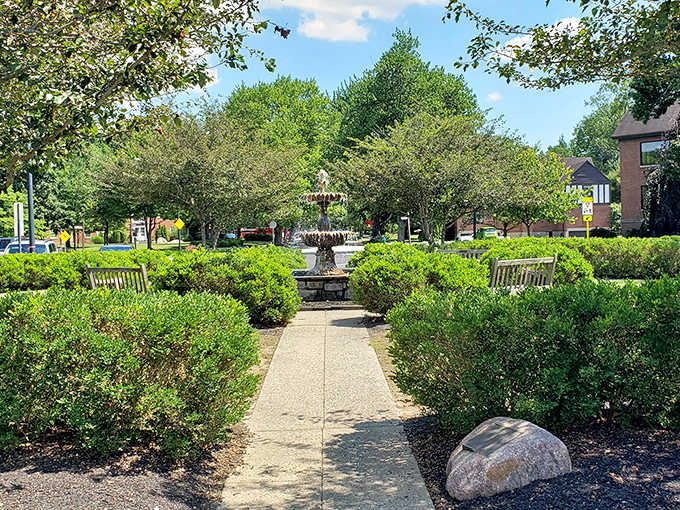Village fountain creates a tranquil oasis where wishes are made and selfies are perfected. Water optional during winter months.