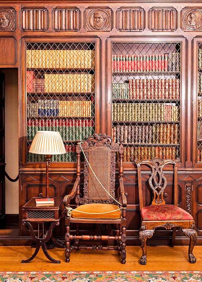 This library contains more leather-bound books than Ron Burgundy's apartment and enough wood paneling to make a lumberjack weep with joy.