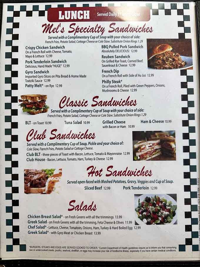 The menu at Mel's reads like a love letter to classic diner fare, with specialty sandwiches and comfort food that hits every craving.