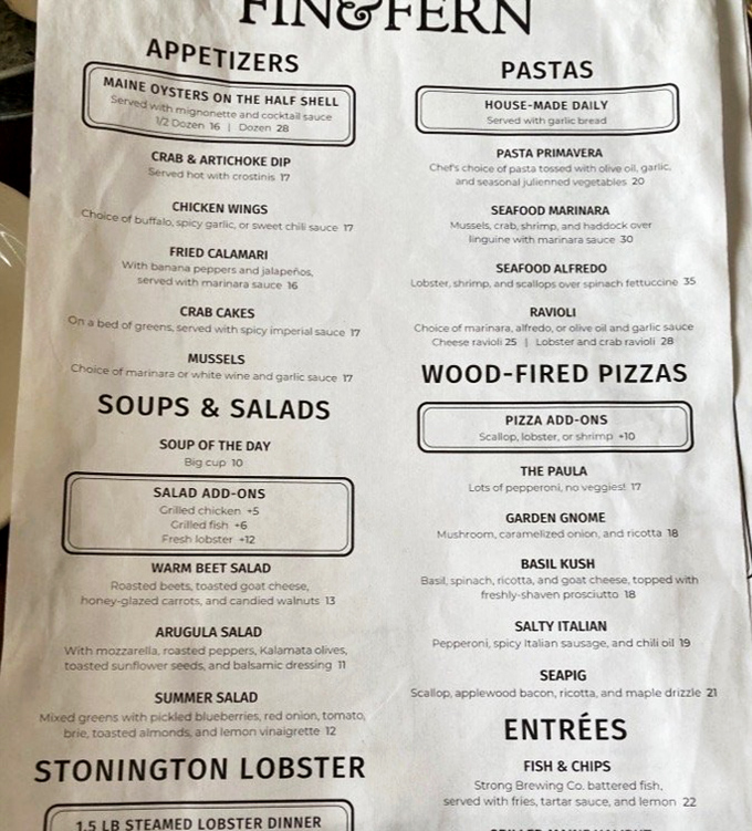 The menu reads like a love letter to Maine's waters &ndash; lobster prepared six ways, wood-fired pizzas, and seafood pastas that would make Neptune himself jealous.