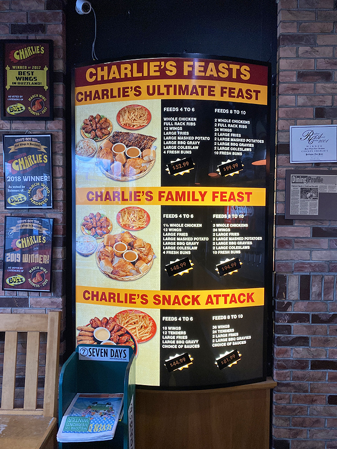 Charlie's feast options could feed a small army&mdash;or one very determined hungry person. The menu board is basically a roadmap to poultry paradise.