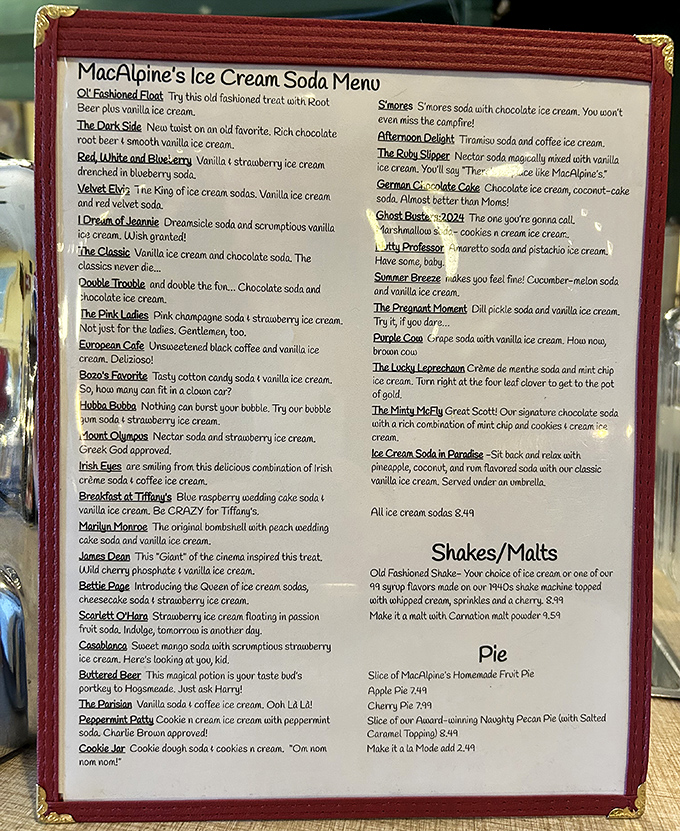A treasure map of fizzy delights, this soda fountain menu reads like poetry for your taste buds with creations from classic to quirky.