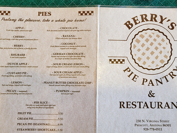 A treasure map of culinary delights, Berry's menu showcases their legendary pies alongside hearty breakfast and lunch options that make choosing just one item nearly impossible.