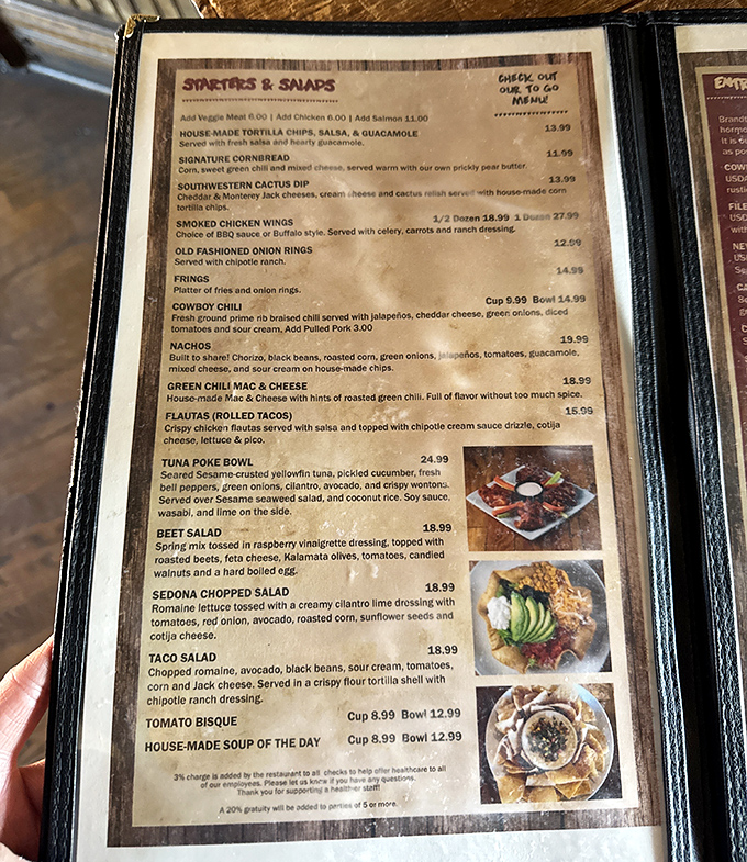 The menu reads like a love letter to Southwestern cuisine, with starters that could easily become main attractions. That Southwestern Cactus Dip is calling my name!