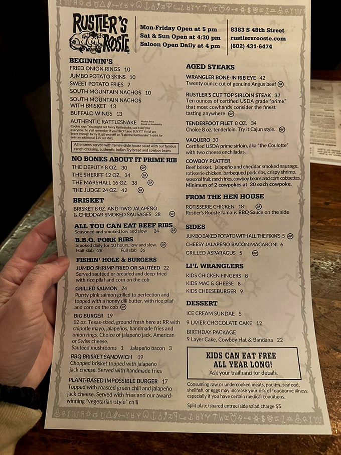 The menu reads like a carnivore's dream journal, from rattlesnake appetizers to bone-in ribeyes, each dish tells a delicious Southwestern story.