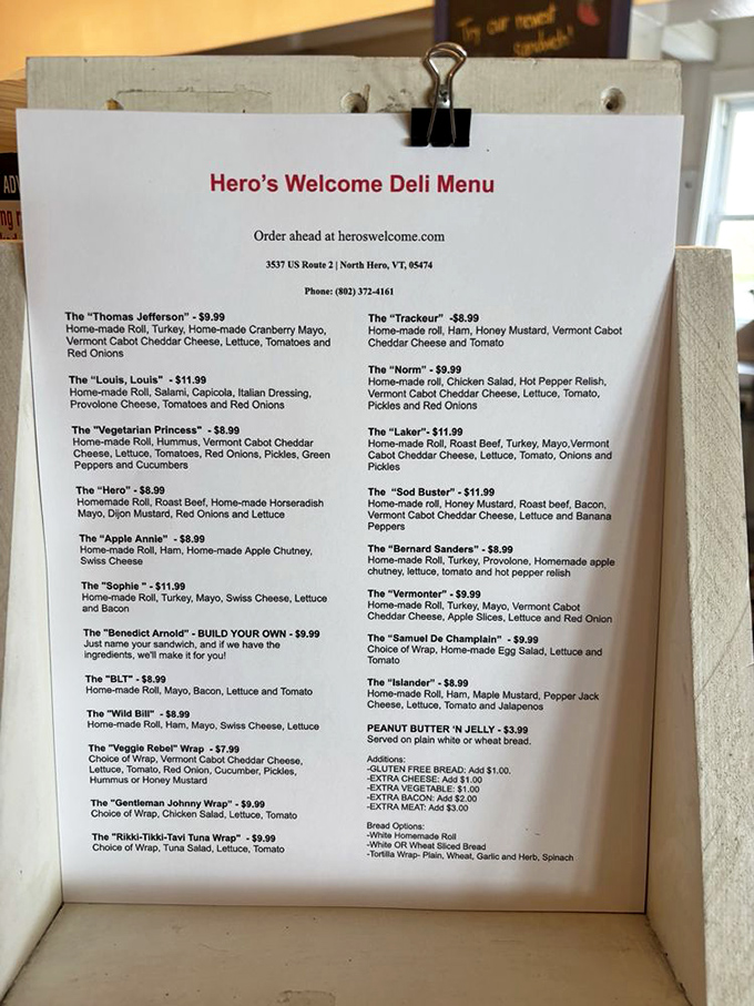 Sandwich artistry on display: Hero's Welcome deli menu features creative combinations named after historical figures and local landmarks.