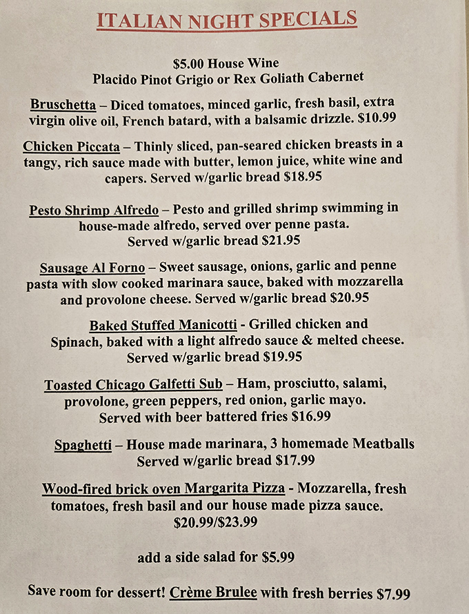 Italian Night specials showcase the kitchen's versatility &ndash; from bruschetta with garden-fresh tomatoes to Chicken Piccata in a buttery lemon sauce that would make nonna proud.