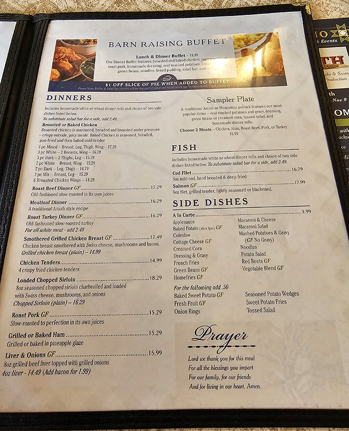 The legendary Barn Raising Buffet menu – where decisions get tough and stretchy pants become your best friend.