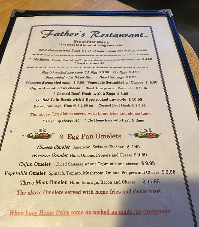 Menu magic: Father's breakfast offerings showcase classic American comfort food with Vermont's signature attention to quality and detail.