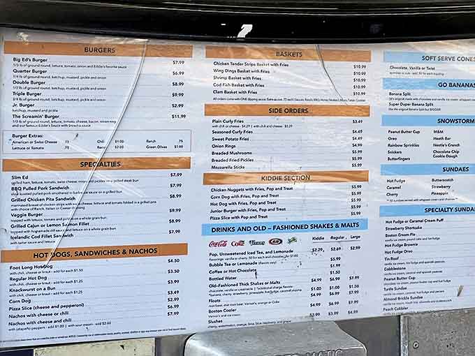 A roadmap to happiness printed on a board &ndash; Eddie's menu doesn't just list food, it catalogs joy in burger, shake, and fry form.