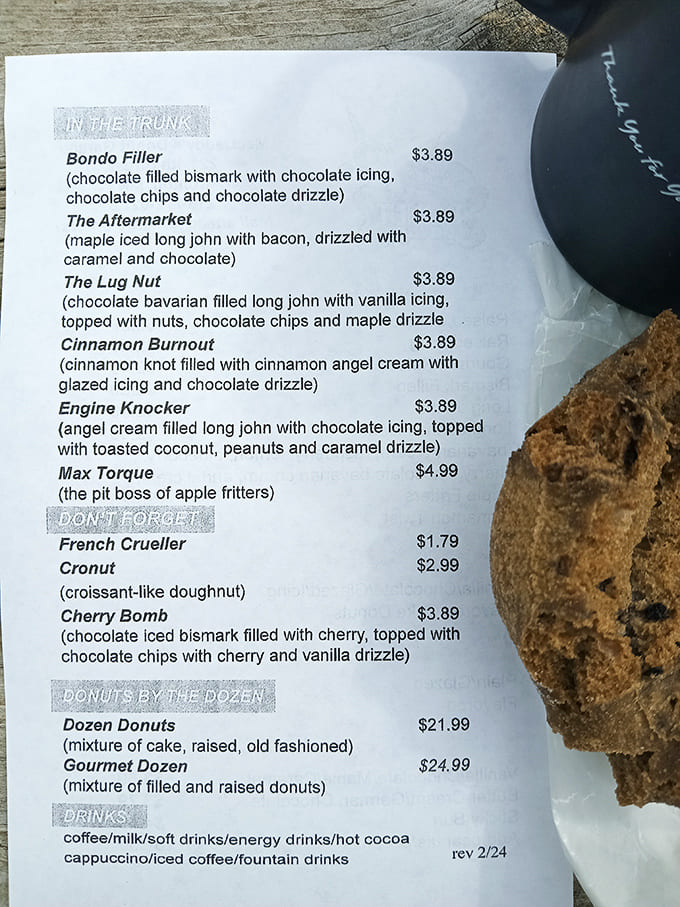 The menu reads like poetry for pastry lovers &ndash; "Bondo Filler," "Engine Knocker," and "Lug Nut" aren't car parts here, but delicious donut masterpieces.