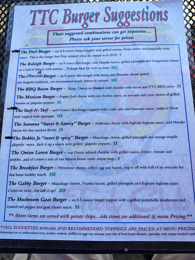 The legendary burger menu reads like poetry for the stomach. Each creation more tempting than the last!