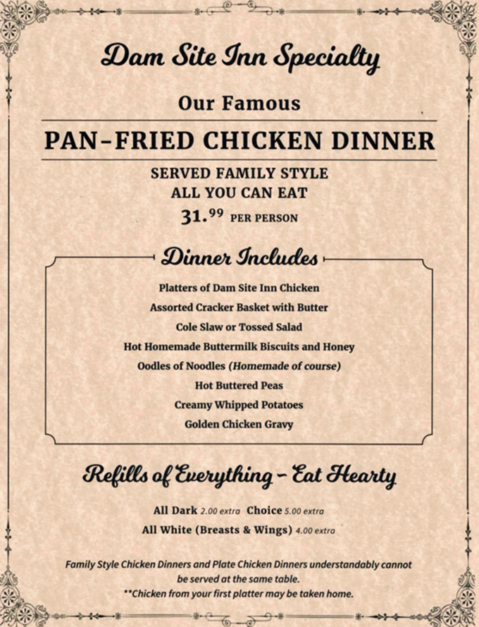 The famous family-style chicken dinner menu &ndash; a document that should be preserved in the Library of Congress under "Perfect Meals."