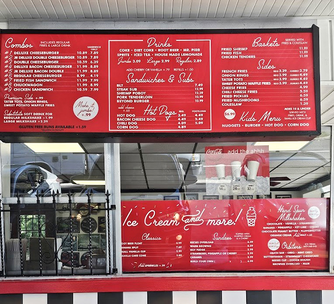 The menu board showcases an all-star lineup of American classics, from loaded burgers to hand-spun shakes that defy modern shortcuts.