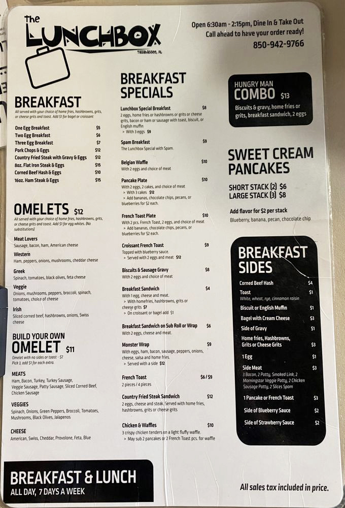 Decisions, decisions! The menu at The Lunchbox reads like a love letter to breakfast classics, each one executed with care and precision.