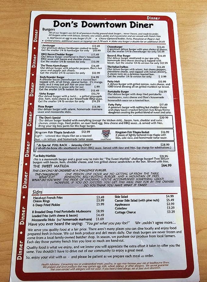 The menu reads like a love letter to American classics &ndash; burgers never frozen, local ingredients when possible, and the legendary "Sweet Matilda" challenge that's defeated many hungry optimists.