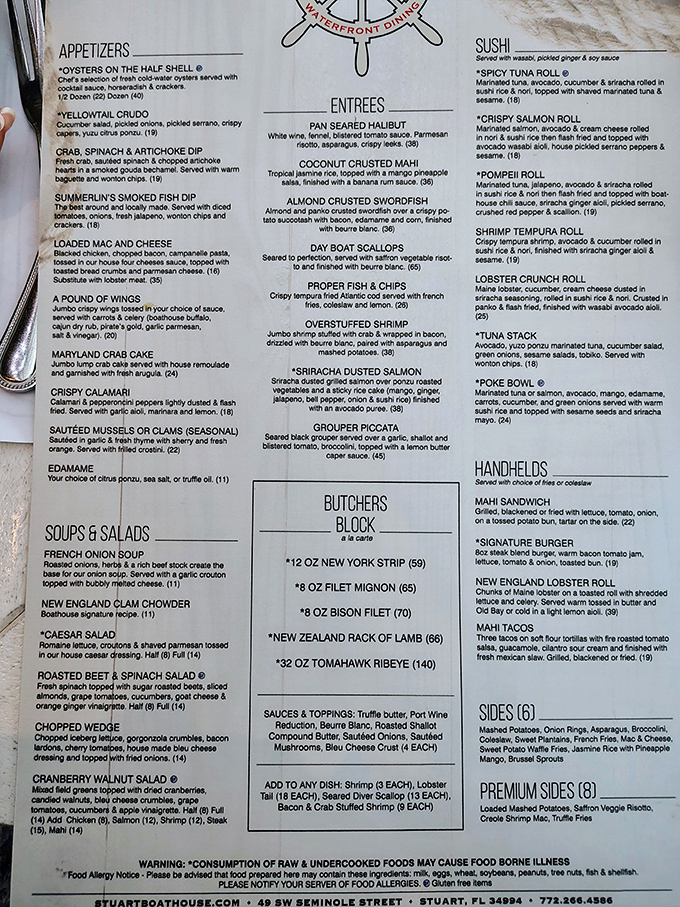 The menu reads like a love letter to Florida's waters, with each dish showcasing local bounty and culinary craftsmanship.