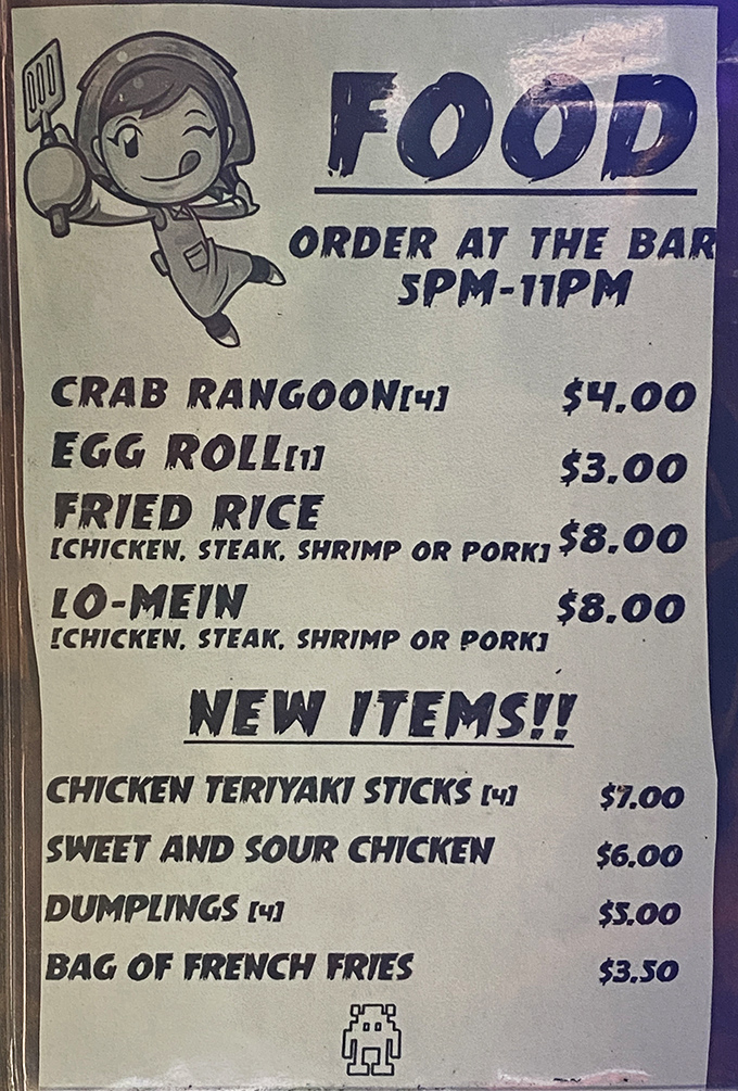 The food menu tempts with Asian-inspired bites like crab rangoon and teriyaki sticks &ndash; perfect one-handed snacks for keeping your gaming streak alive.