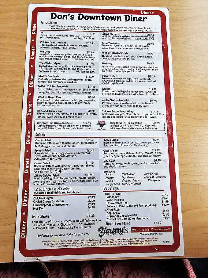 A roadmap to happiness printed on laminated paper. Each item represents a potential food memory waiting to happen, with those legendary onion rings calling your name.