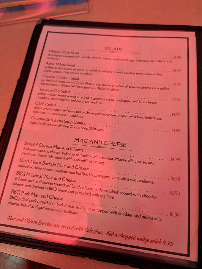 A menu that doesn't need fancy fonts or pretentious descriptions – just the promise of mac and cheese that could make a grown adult weep with joy.