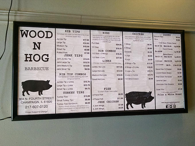 The menu board tells a simple story: meat + smoke + time = magic. No fancy descriptions needed when the food speaks this loudly.