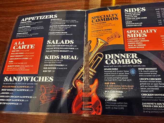 The menu reads like a carnivore's dream journal, with musical notes and guitar graphics hinting at the harmonious flavors to come.