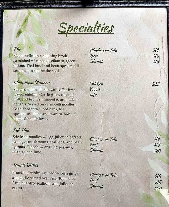 The menu reads like a greatest hits album of Southeast Asian cuisine. Each dish has earned its spot through countless perfect performances.