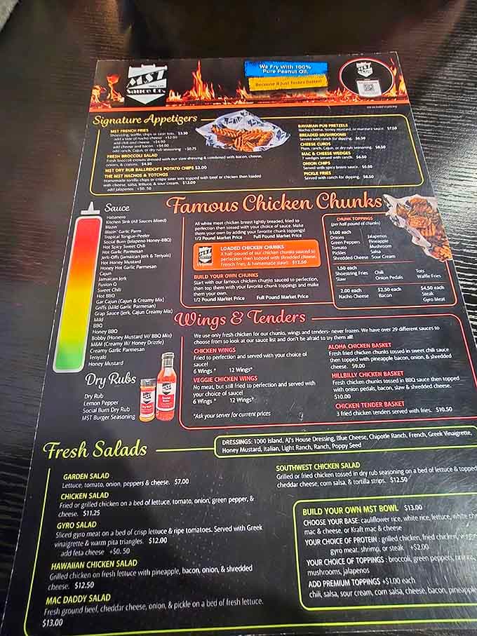 The menu showcases MST's famous chicken chunks and signature sauces that have customers driving across county lines.