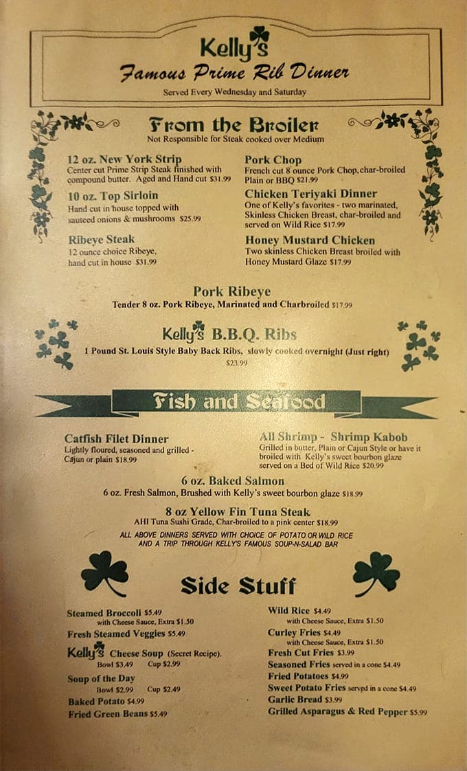 Kelly's menu showcases their famous prime rib dinner alongside perfectly prepared steaks, seafood options, and comfort food classics with Irish flair.