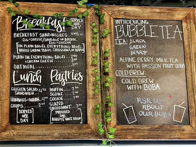 The handwritten menu board showcases breakfast all day, lunch options, and bubble tea varieties &ndash; each item promising a little moment of culinary joy.